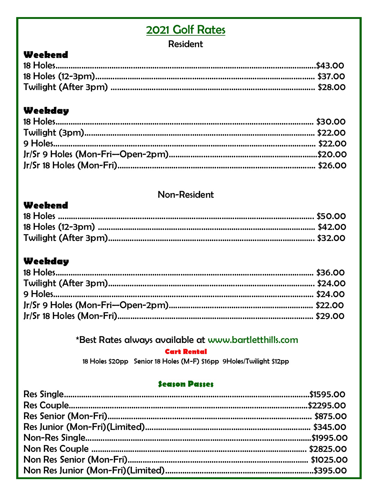 Rates - Bartlett Hills Golf Club Course Rate Information
